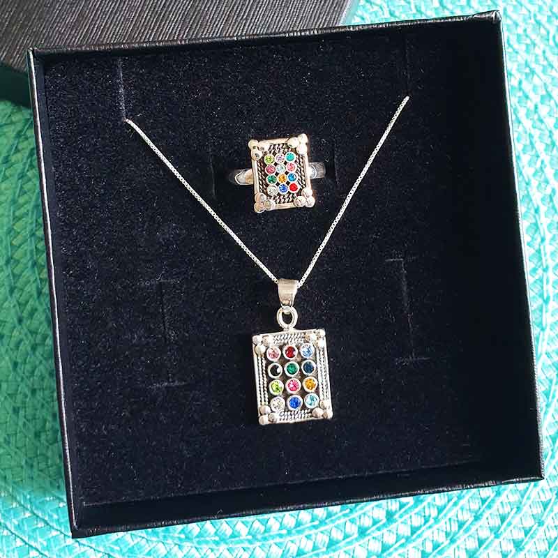 Necklace + breastplate ring set made of 925 silver, set with 12 colorf