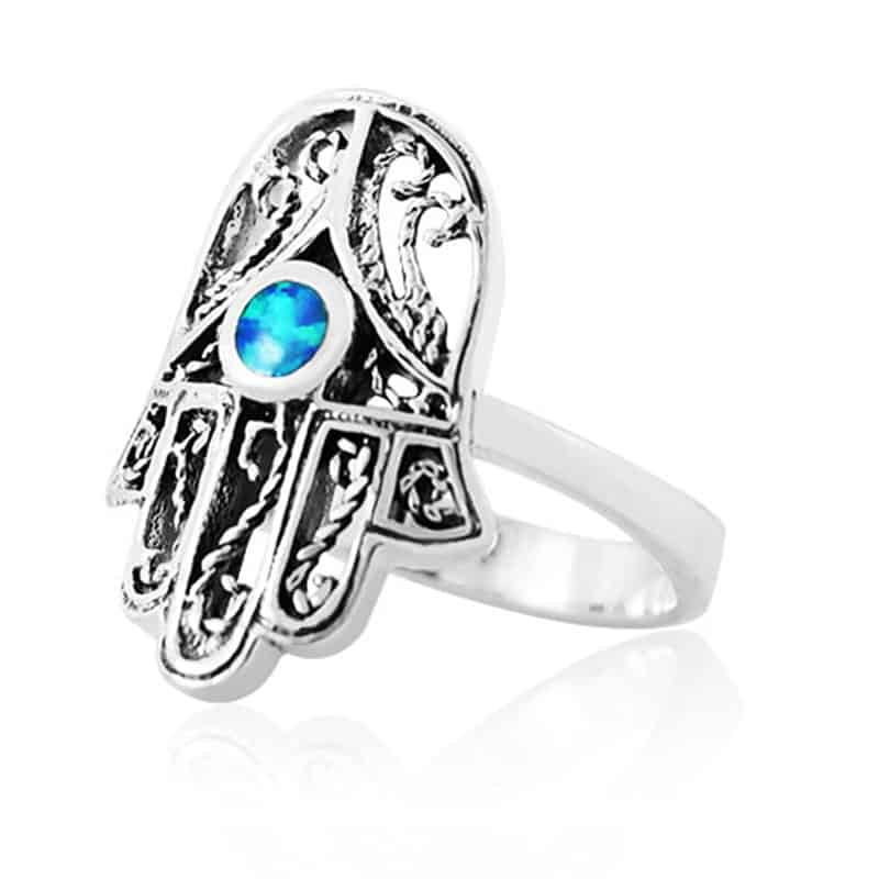 925 silver hamsa ring with filigree decorations and blue opal stone